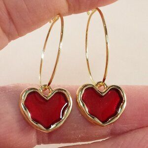 Jewelry | 18k Yellow Gold Filled Red Heart Charm Hoop Dangle Earrings Gorgeous Party Gift | Poshmark